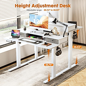 Height Adjustable Electric Standing Desk with Storage Shelf Double Drawer, 48 x 24 Inch Stand up Desk, Sit Stand Desk with Splice Board, Standing Table White Frame/White Desktop for Home Office