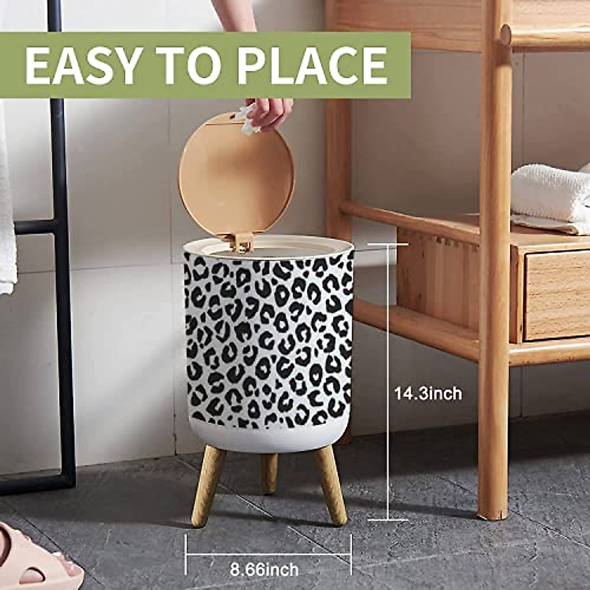 Small Trash Can with Lid Seamless Leopard Fur Fashionable Wild Leopard Print Modern Panther Wood Legs Press Cover Garbage Bin Round Simple Human Waste Bin Wastebasket for Kitchen Bathroom Office
