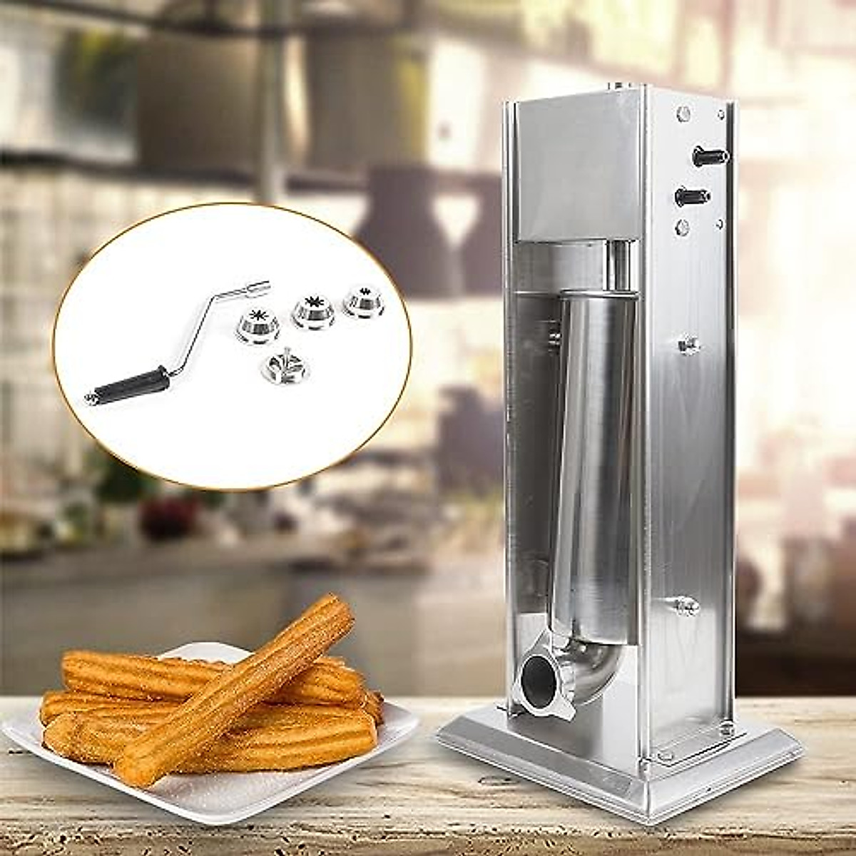Commercial Churro Maker 5L Stainless Steel Manual Spanish Donut Churrera Churro Maker Machine with 4pcs Nozzles for Home Restaurants Cafeterias Bakeries (Vertical Type)