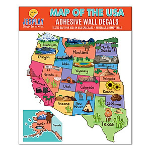 Map of The USA Adhesive Wall Decals - Wall Décor Stickers for Kids & Toddlers Include United States Map and Country - Reusable Wall Decor for Bedroom, Living Room, Nursery, Classroom