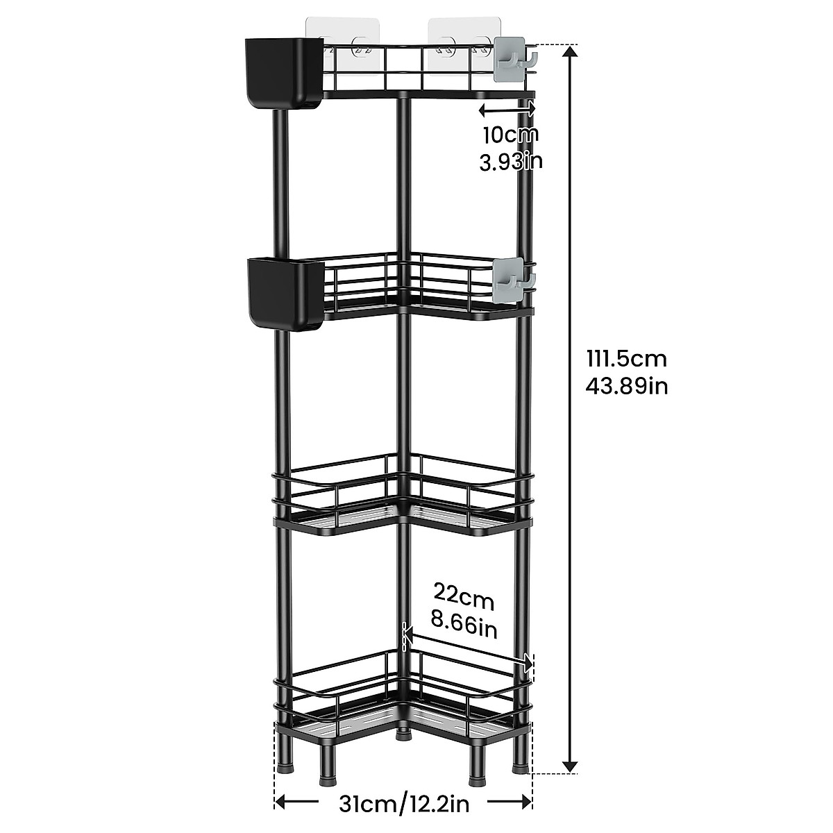 Vetacsion Corner Shower Caddy with Toothbrush Shelves, 4 Tier Standing Rustproof Shower Organizer, Metal Floor Shower Shelves for Bathroom Storage