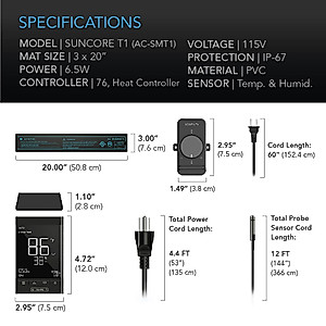 AC Infinity SUNCORE T1, Seedling Mat with Digital Thermostat and Heat Controller 3” x 20”, UL & MET-Certified Waterproof Heating Pad for Indoor Gardening, Hydroponics, Germination, Cloning