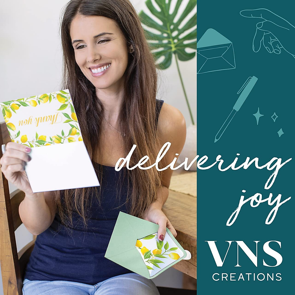 VNS Creations Lemon Thank You Cards with Envelopes & Stickers (50 pack, 5 Citrus Designs) - 4x6 Bridal Shower Thank You Cards for Citrus Themed Bridal Shower, Weddings, Kids Birthday, and Baby Shower