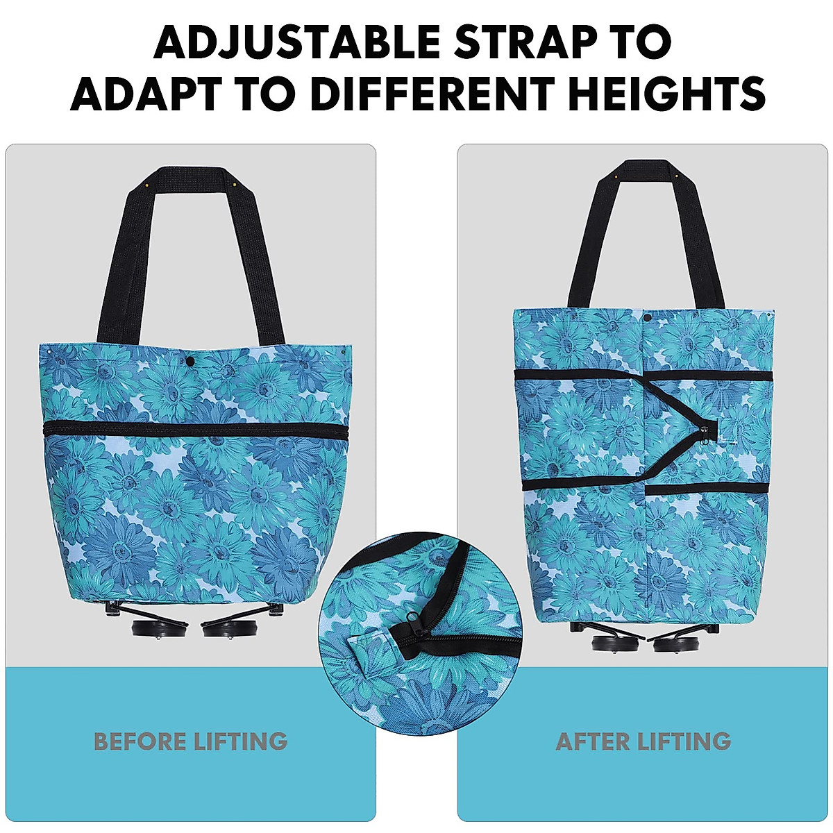 Cabilock 2Pcs Folding Shopping Bags Portable Collapsible Trolley Bags with Wheels for Women As Shown