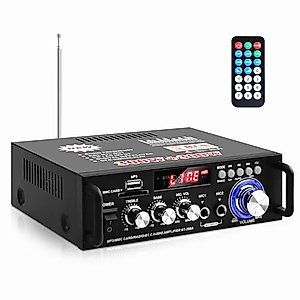 HiFi Bluetooth Audio Amplifier 298A Mini Stereo Amp RMS 40W Max 300W 2.0 Channel Audio Power Amplifier Receiver w/USB FM Mic for Home, Car Speakers System(US Plug)