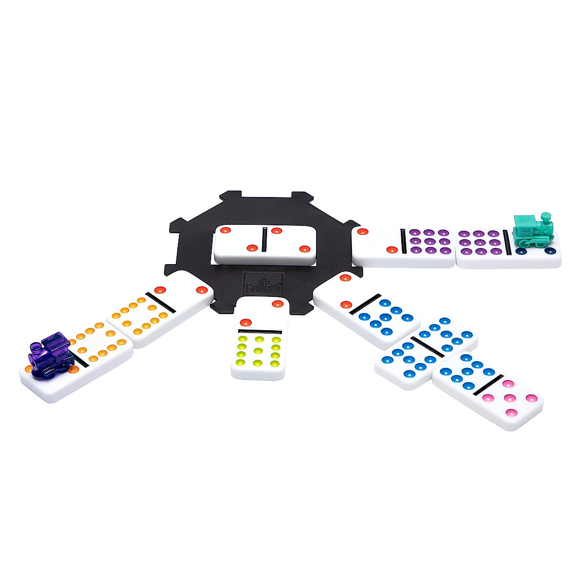 Mexican Train Dominoes - Beautiful Color Dot Double 12 Dominoes Set - Includes Train Markers and Hub by Pressman Multi Color, 5"