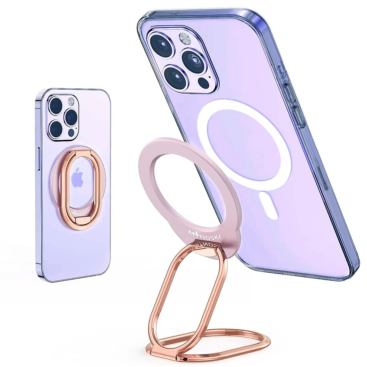 MINDSKY Mag-Safe Phone Stand Phone Grip Compatible with iPhone 12/13/14/15 Mini/Pro/Pro Max Accessories Removable Magnetic Finger Phone Ring Grip (Rosegold Pink)