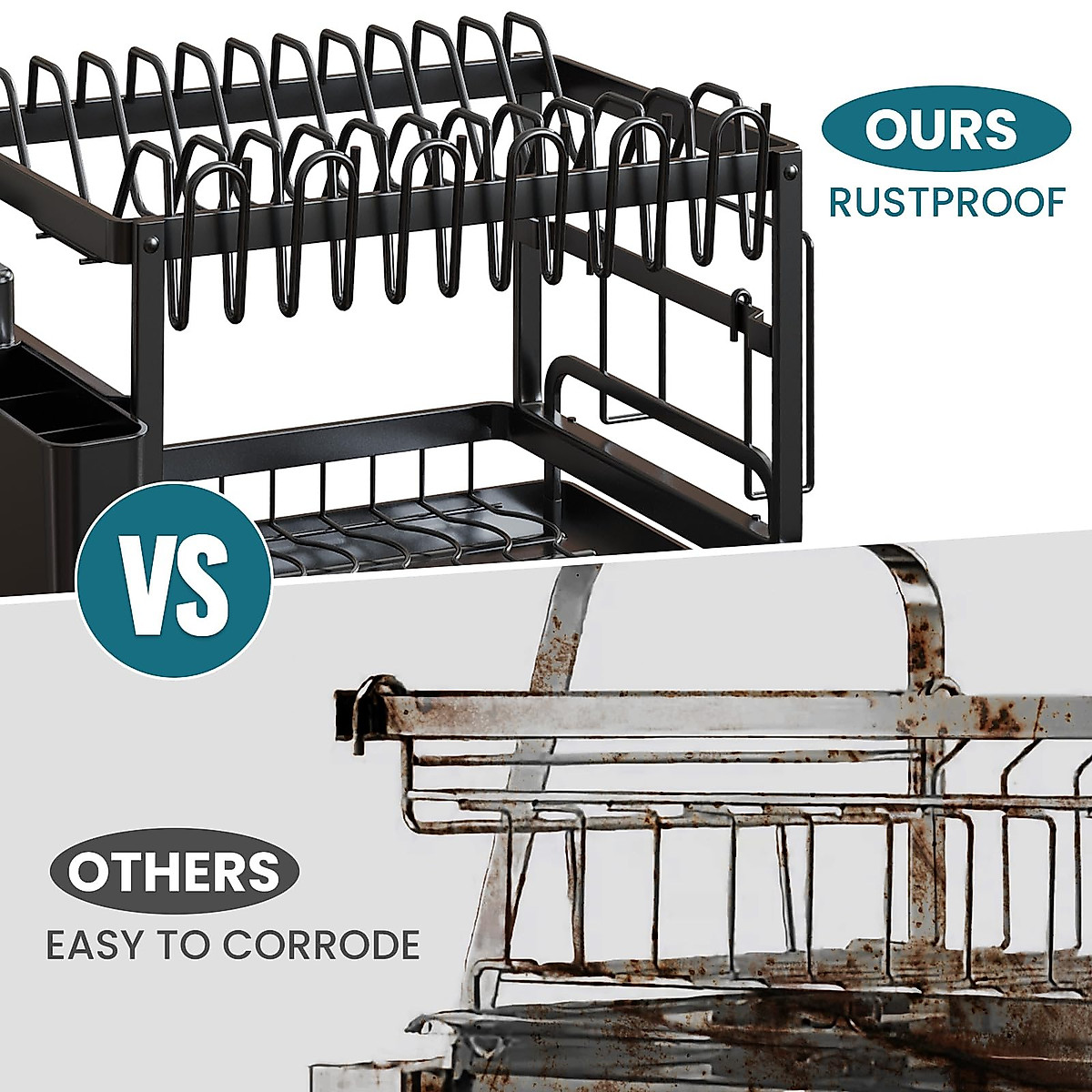 TAILI Dish Drying Rack for Kitchen Counter with Drainboard, Large 2 Tier Dish Rack and Drainboard Set with Cutlery Holder, Cup Holder & Utensil Holder, Rustproof Sink Dish Drying Rack