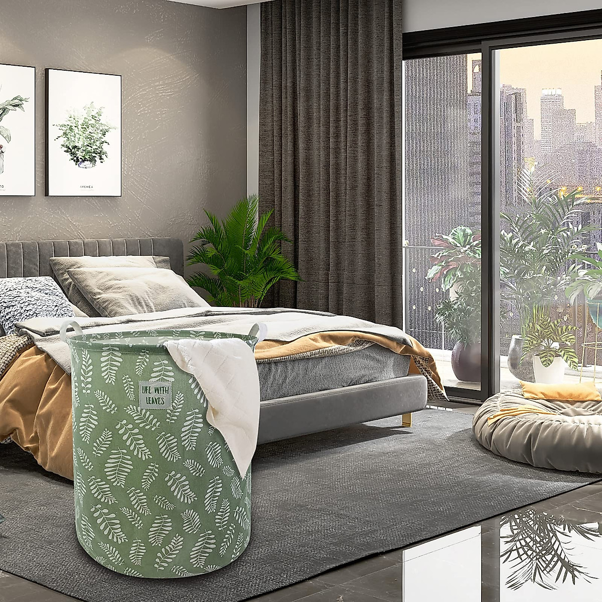 Mziart Large Foldable Laundry Basket Organizer, Collapsible Laundry Hamper Fabric Clothes Toy Storage Basket Nursery Hamper Storage Bin for Household Bedroom, Bathroom, College Dorm (Small White Leaf)