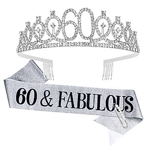 Tihebax 60th Birthday Sash and Tiaras for Women, 60th Birthday Decorations Women Fabulous Sash and Crown for Women 60 & Fabulous Birthday Gifts for Happy 60th Birthday Party Favor Supplies (Silver)