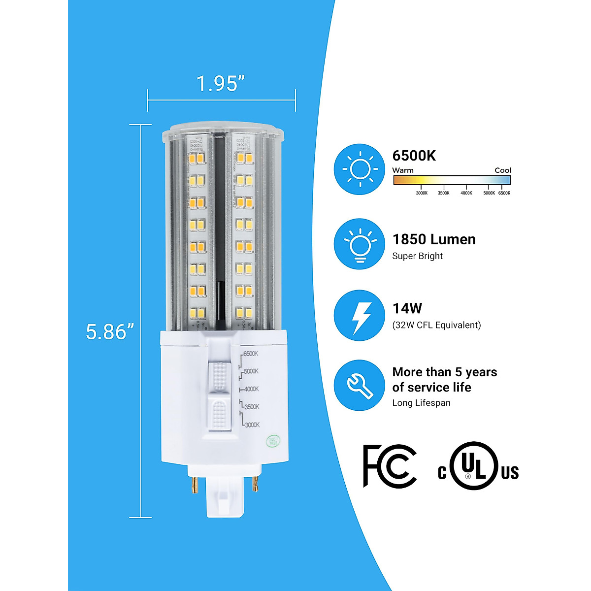 IDO LED G24q 4-Pin Light Bulb 14W 2000Lumens 32W Compact Fluorescent Lamp Replacement (Remove/Bypass The Ballast)