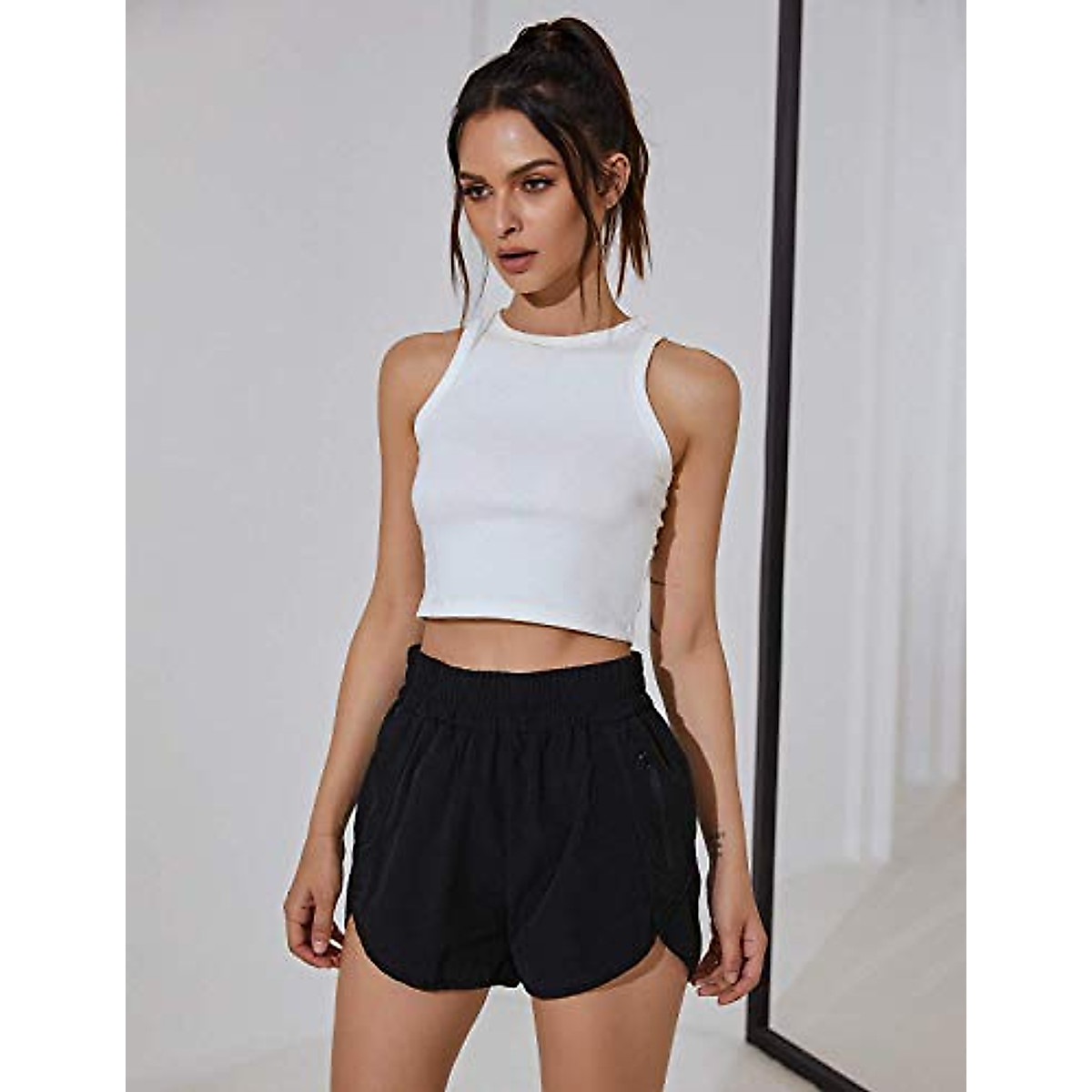 BMJL Women's Running Shorts Elastic High Waisted Shorts Pocket Sporty Workout Shorts Quick Dry Athletic Shorts Pants Summer Clothes(L,Black)