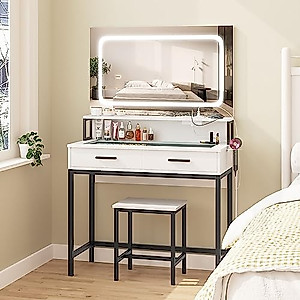 Fameill White Vanity Desk with Lights,Glass Top Makeup Vanity Table with Power Strip,Large Mirror Dressing Table Set with 2 Drawers and Hair Dryer Stand,35.4in(L)