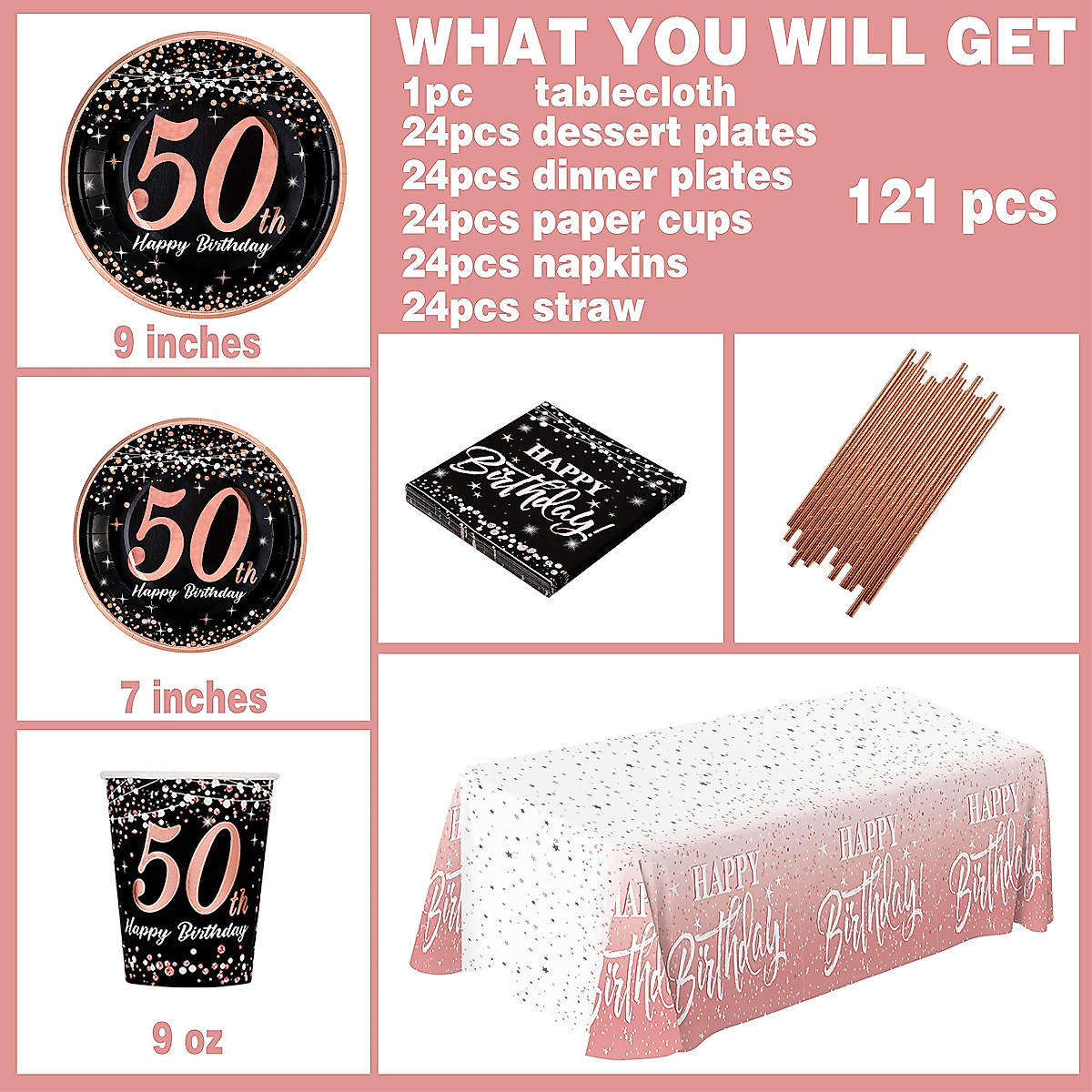 50th birthday decorations for women - (Total 121pcs) rose gold Birthday supplies Plates and Napkins, Cups, Straws, tablecloth, Disposable Tableware for 24 Guests