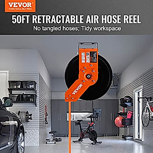 VEVOR Retractable Air Hose Reel, 3/8 IN x 50 FT Hybrid Air Hose Max 300PSI, Air Compressor Hose Reel with 5 ft Lead in, Ceiling/Wall Mount Heavy Duty Single Arm Steel Reel