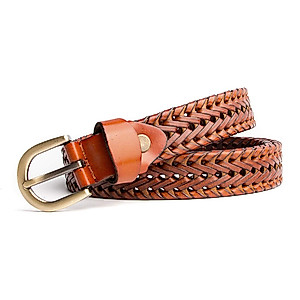 ECHAIN Women Braided Woven Genuine Leather Narrow Belt 25mm Wide (Brown, waist:35-40)
