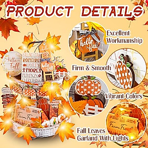 Harvest Fall Tiered Tray Decor with Lights - 19 Pcs Set Includes Gnome Signs, Leaves Garland, Pumpkin for Home Table