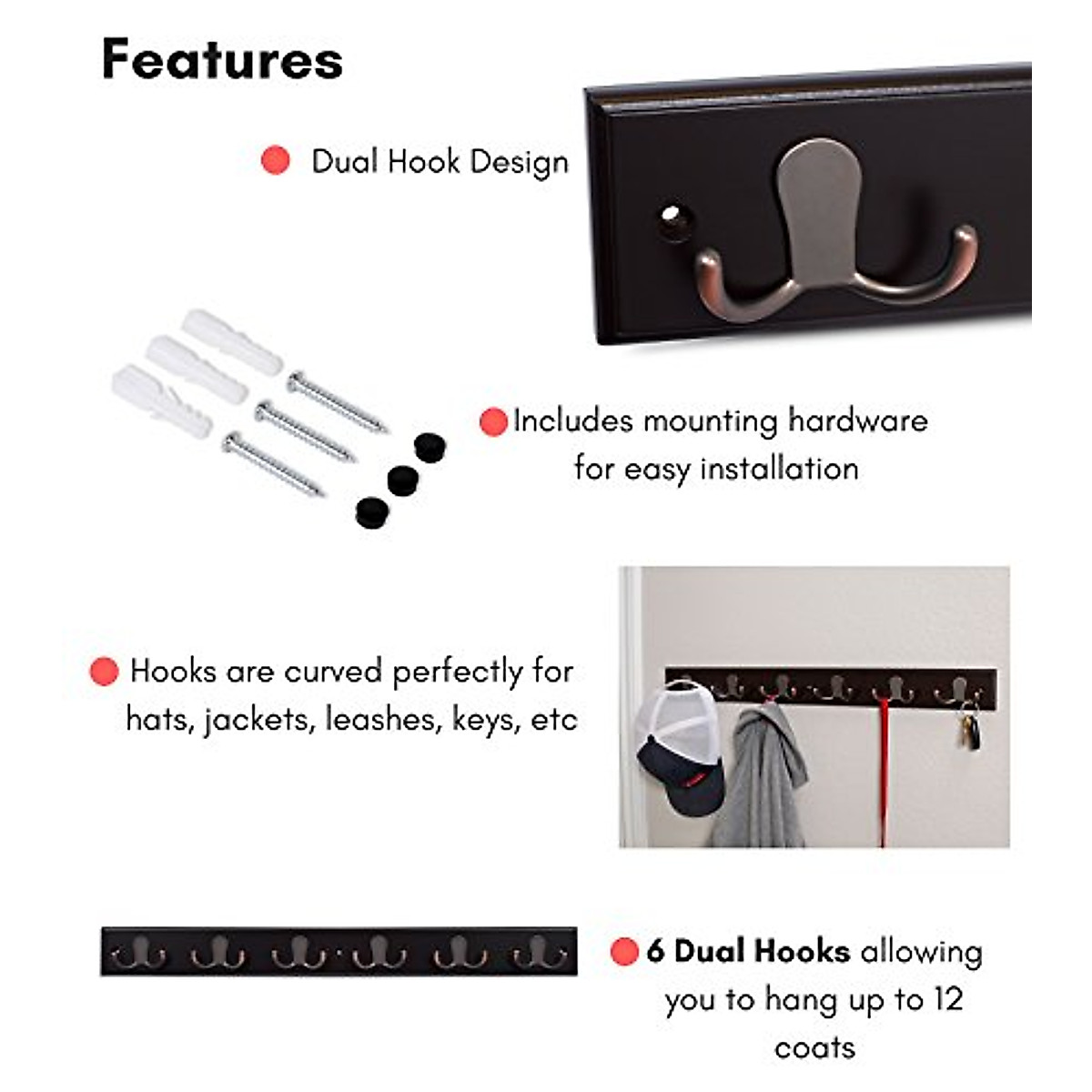 BIRDROCK HOME Dual Hook Coat and Hat Rack - 6 Dual Hooks - 27 Inches - Wall Mount - Decorative Home Storage - Entryway Foyer Hallway Bathroom Bedroom Rail - Oil Rubbed Bronze Hooks - Dark Brown Pine