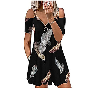 SMIDOW Cruise Dresses for Women 2023 Summer Cold Shoulder Tshirt Mini Dress Sexy Zipper v Neck Feather Print Swing Sundress