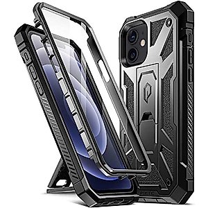 Poetic Spartan for iPhone 12/ iPhone 12 Pro 6.1 inch Case, Full-Body Rugged Dual-Layer Metallic Color Accent with Premium Leather texture Shockproof Protective Cover with Kickstand, Metallic Gun Metal