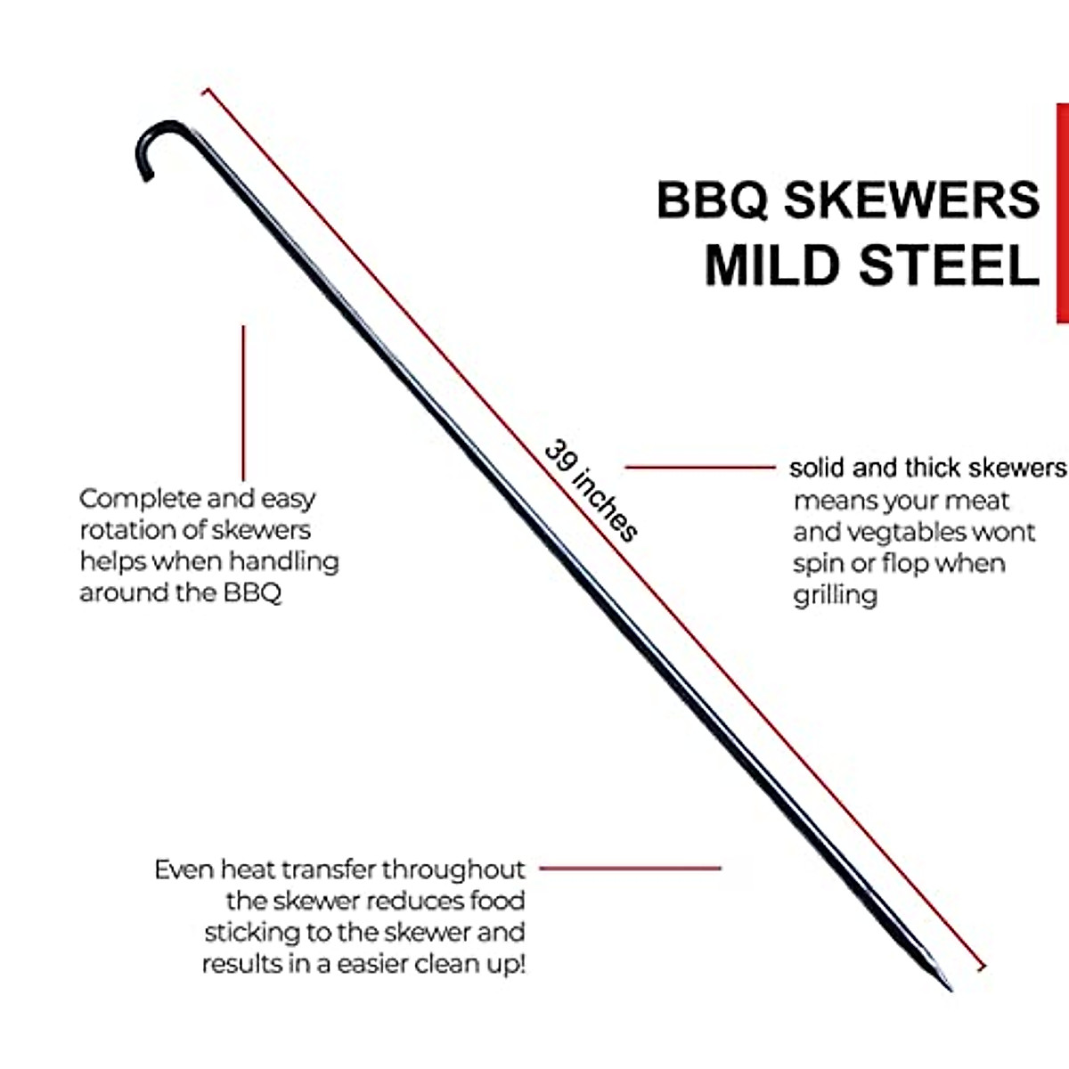 Metal Skewers, 39" in length BBQ/ Tandoor 6 mm thickness : Mild Steel (Pack of 4)