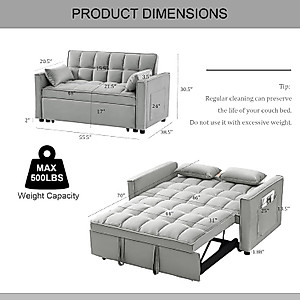 WEAGP 3 in 1 Sleeper Sofa Couch Bed, Velvet Convertible Loveseat Sleeper Sofa with 3 Level Adjustable Backrest, Storage Pockets, Toss Pillows, Pull Out Loveseat Sleeper for Living Room, Grey