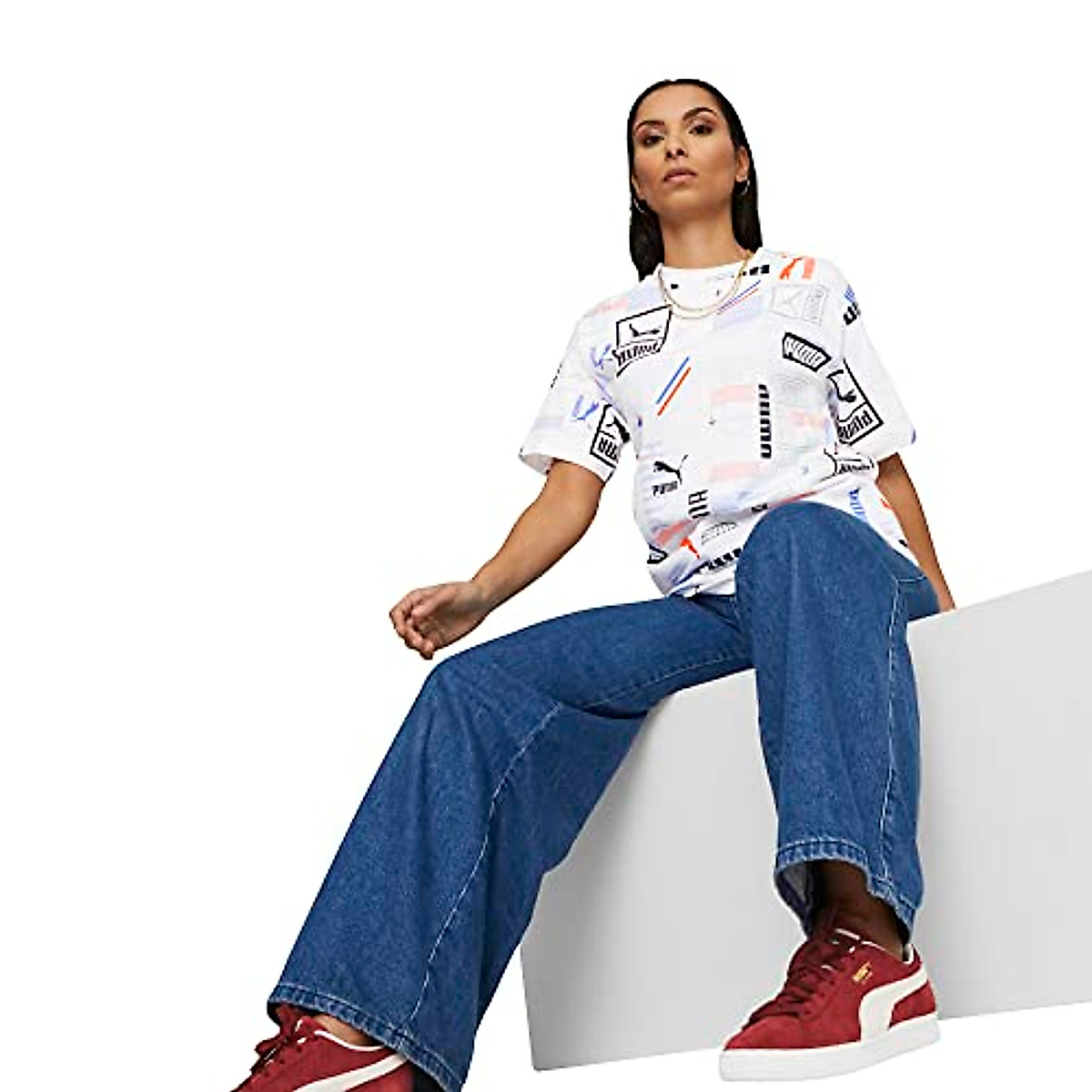 PUMA Women's Classics Printed Tee, White-AOP, Medium