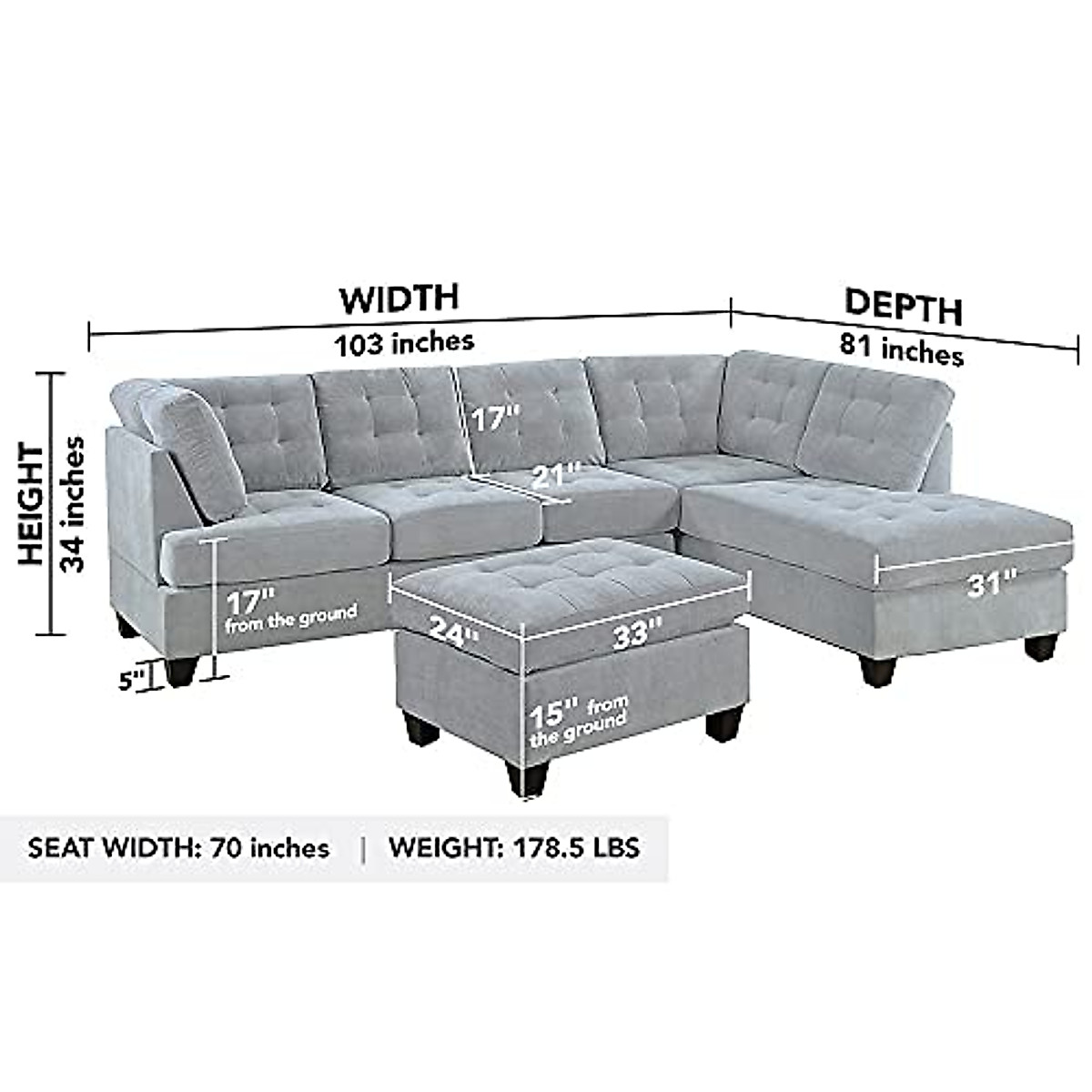 Casa Andrea Milano 3 Piece Modern Tufted Micro Suede L Shaped Sectional Sofa Couch with Reversible Chaise & Ottoman