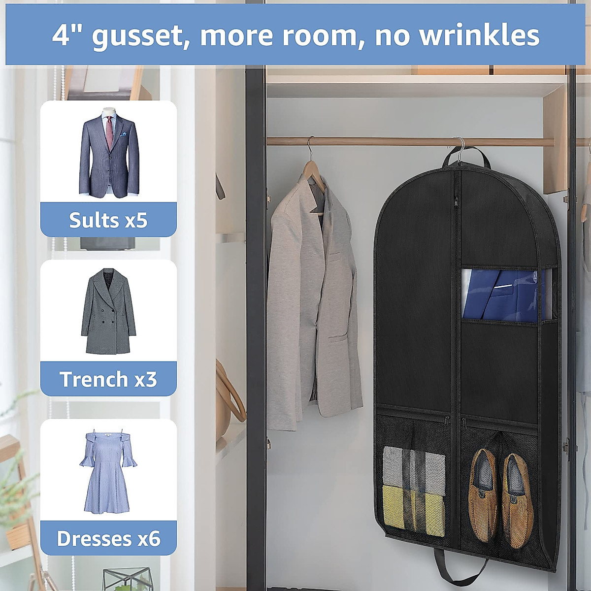 Shenehsmp 43" Garment Bags Heavy Duty Suit Bags for Travel Hanging Clothes Closet Storage, 4" Gussetes with Pockets and 2 Carry Handles, Protector for Coat, Dress, Jacket, Shirts, 3 Packs