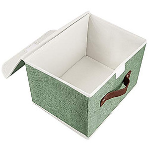 Lucky Monet 2 Pack Linen Fabric Foldable Storage Bin Set Collapsible Storage Box Cube Closet Organizer with Lid & Faux Leather Handle, 10”x8”x7” (Green)
