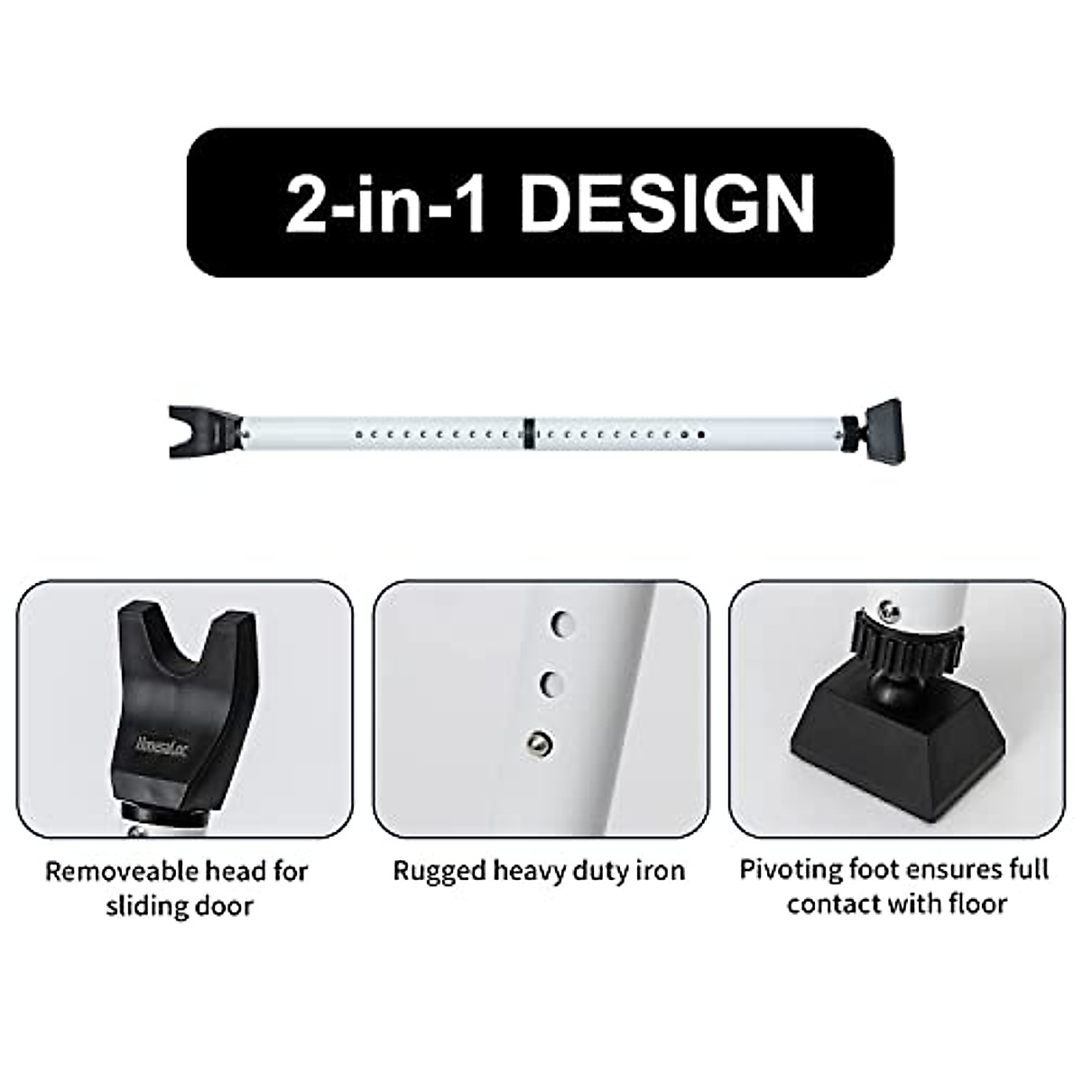 HonesaLoc 2-in-1 Door Security Bar & Sliding Patio Door Stopper Security Jammer Bar Child Proof Adjustable Constructed of High Grade Iron Window Doors Security Bars, White