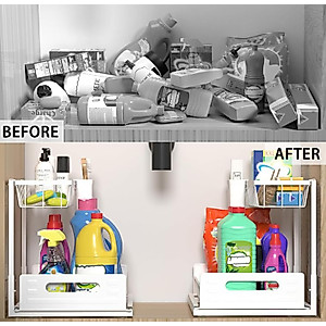 Alphyse Under Sink Organizers and Storage,2-Tier Metal Pull Out Under Sink Organizer,Multi-Purpose Slide Out Under Sink Storage for Kitchen Office Living Room Bathroom(White)