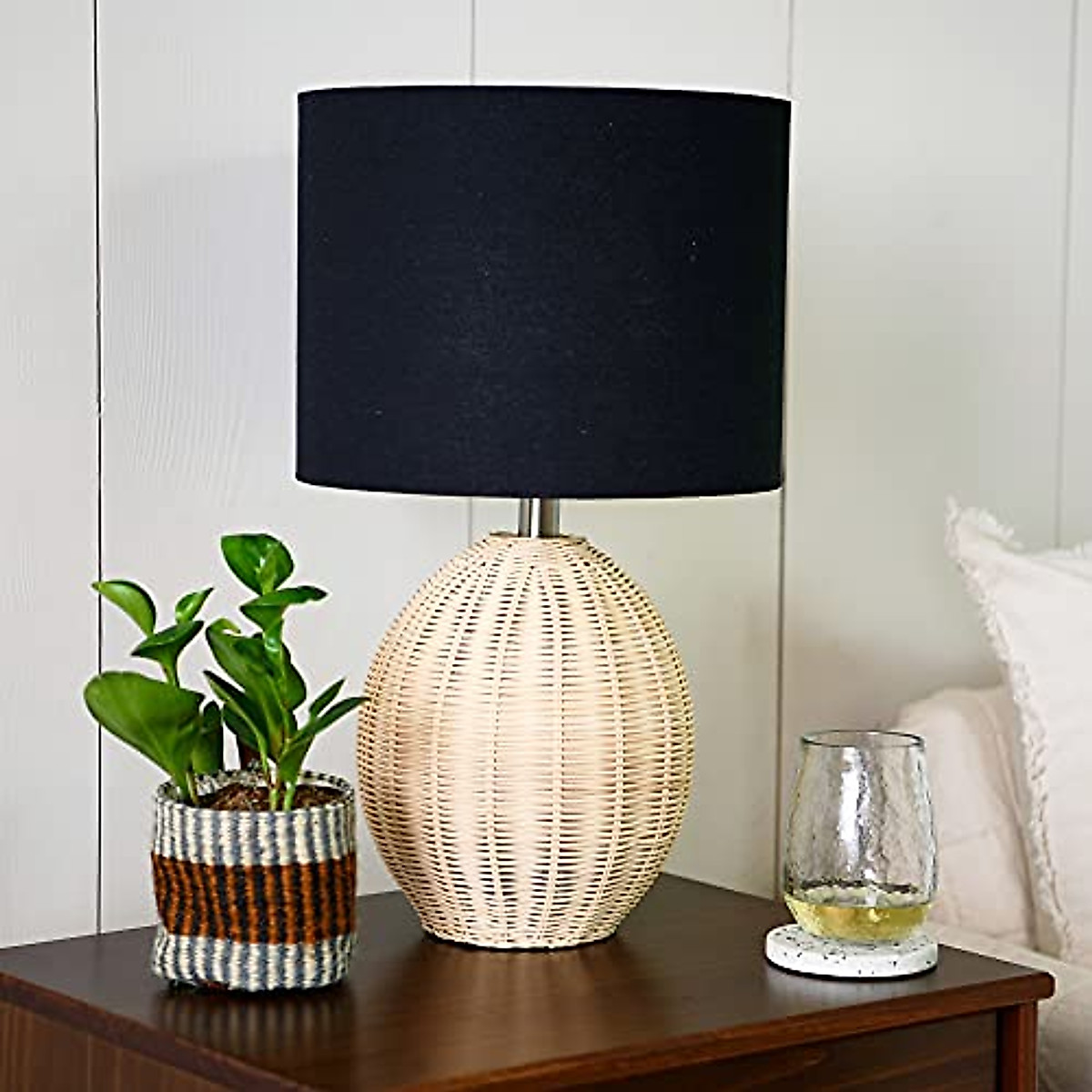 Main + Mesa Boho Woven Rattan Table Lamp with Black Linen Shade, Natural