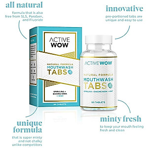 Active Wow Natural Mouthwash Tablets - Chewable Mouth Wash, Breath Freshening Tablets, Fluoride-Free, Alcohol-Free, Vegan, Sugar-Free, Mint Flavor - 1 Pack, 60 Tablets
