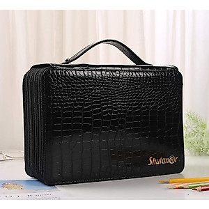 Shulaner 250 Slots Colored Pencil Case Organizer with Zipper PU Leather Large Capacity Pen Holder Bag for Artist Croco Black