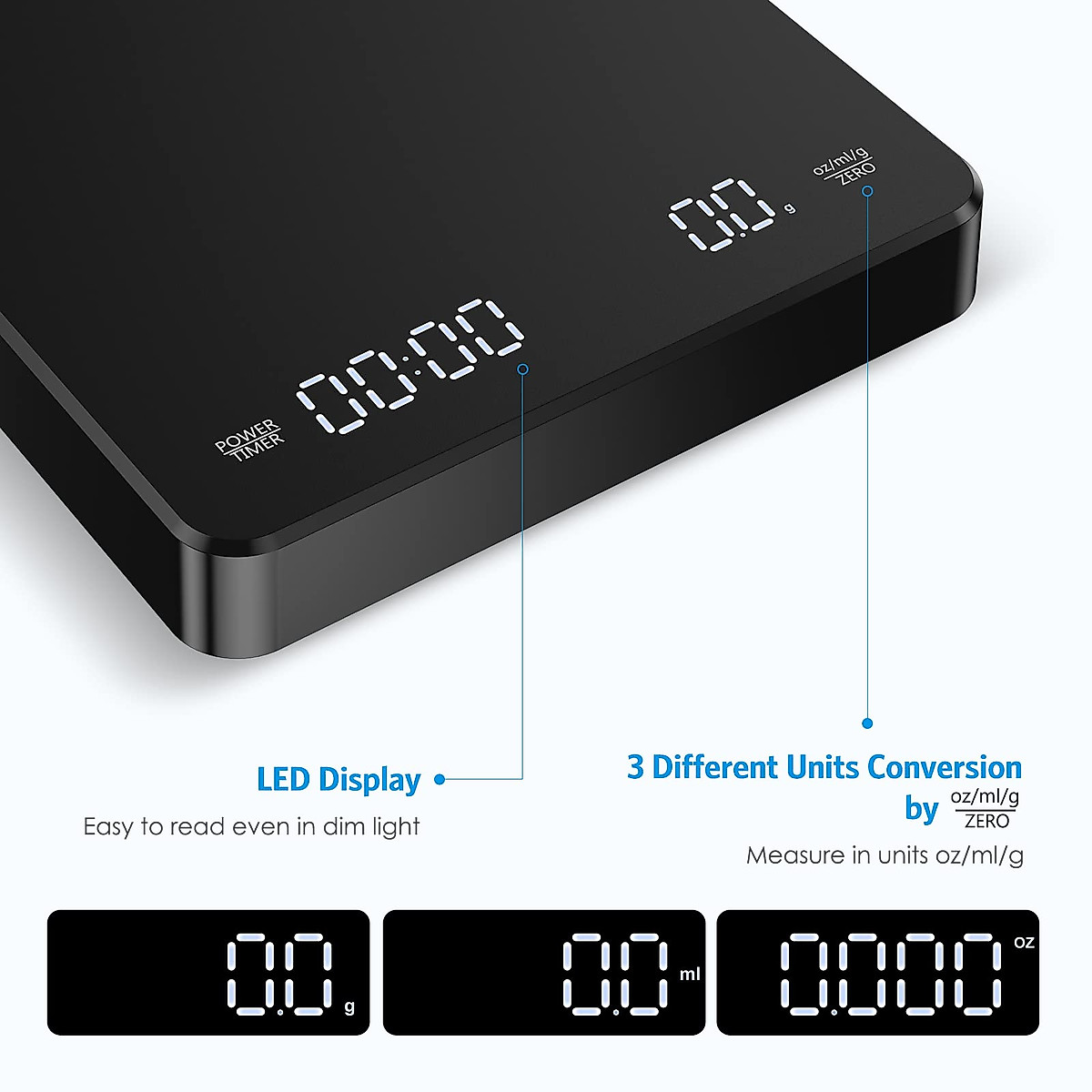 AMIR Digital Kitchen Scale with Timer, Drip Espresso Scale 3kg/0.1g High Precision, Rechargeable Portable Coffee Scale, 3 Units, Tare, Auto Off