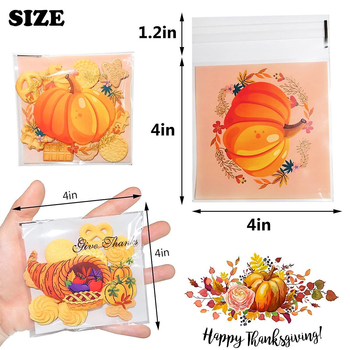 HADDIY Thanksgiving Cookie Treat Bags,240 Pcs Small Cellophane Self Adhesive Fall Pumpkin Candy Goody Bags in Bulk for Autumnt Thanksgiving Party Favor