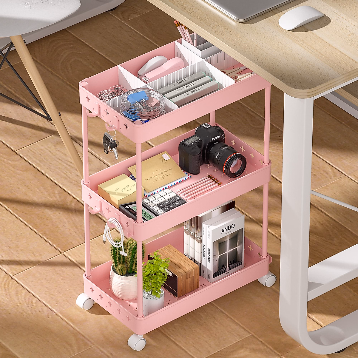 KINGRACK 3-Tier Rolling Utility Storage Cart with Adjustable Dividers,Multi-Purpose Storage Craft Art Cart Trolley Organizer,Slide Out Cart for Bedroom Bathroom Kid's Room Laundry Room,Pink