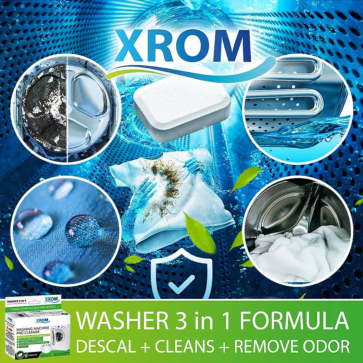 XROM Plant Based, Washer Cleaner 3 in 1 Formula, Removes Odors, Limescale & Detergent Build-Up, Removes Hard Water Stains, For Front and Top Load, 6 Per Pack (Original)