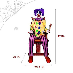 Haunted Hill Farm Motion-Activated Thrashing Clown with a Meat Cleaver by Tekky, Sitting Scare Prop Animatronic for Indoor or Covered Outdoor Creepy Halloween Decoration, Plug-in or Battery Operated