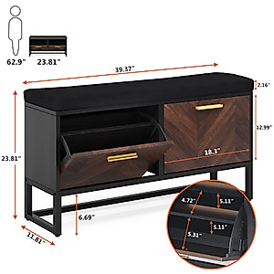 Tribesigns Storage Bench With Seat Cushion, Entryway Shoe Bench With 2 Flip Drawers, Hallway Cabinet, Hidden Organizer for Living Room, Bedroom, Mudroom, Black