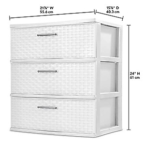 3 Drawer Wide Weave Tower Plastic, White - Design Storage Tower with pull handles, Organizer Unit for Bedroom, Closet, Entryway, Hallway, Nursery Room, Storage bins