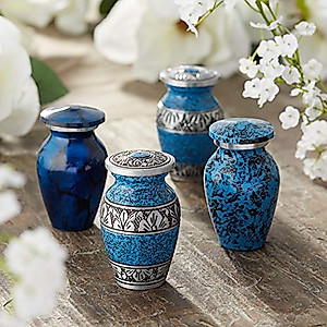 Reminded Small Cremation Urns for Human Ashes, Mini Keepsake Set of 4 Blue and Silver with Velvet Case