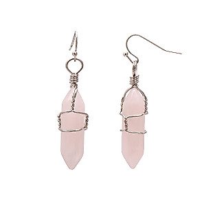 Paialco Hand Wired Natural Rose Quartz Healing Crystal Point Chakra Dangling Earrings