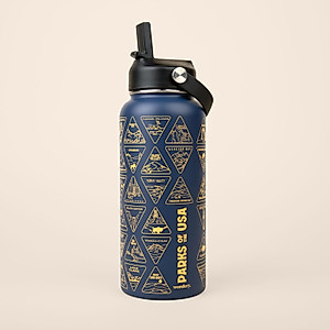Wondery Original National Parks of the USA Bucket List Travel Water Bottle with Waterproof Stickers and Straw | Ocean 32 oz Screen Printed | Insulated Stainless Steel Vacuum Sealed | Leak Proof