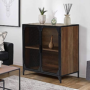 MELLCOM Buffet Cabinet, Industrial Liquor Cabinet with Metal Mesh 2 Doors, Wooden Freestanding Storage Cabinet for Home, Living Room and Kitchen， Brown
