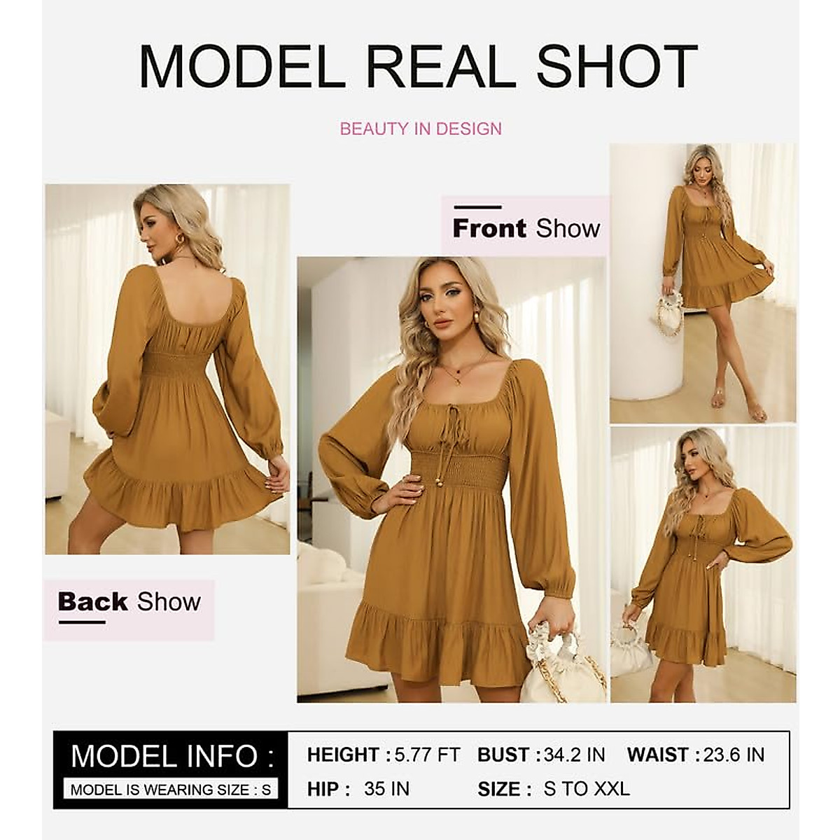 Dokotoo Womens Square Neck Sexy Dresses Long Lantern Sleeve Ruffle A-Line Brown Dresses for Women Smocked Tie Bow Elastic Waist Short Mini Dresses Large