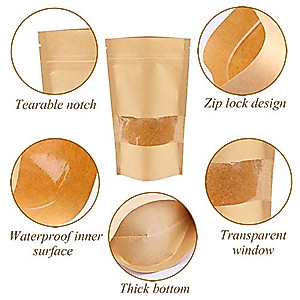 Katfort Stand Up Pouches 100pcs, 7.8''×4.6'' Resealable Bags for Small Business, Resealable Kraft Paper Bags with Window, Paper Bakery Bag for Small Business, Family, Company