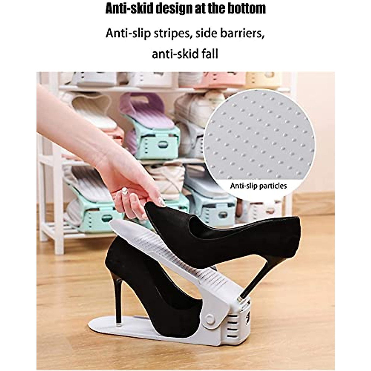 Set of 20 Adjustable Shoe Risers, Double Your Storage Space, 50% Space Saving Double Layer, Shoe Holder Rack Stacker Slots for Closet Shelf Organizer (Black)