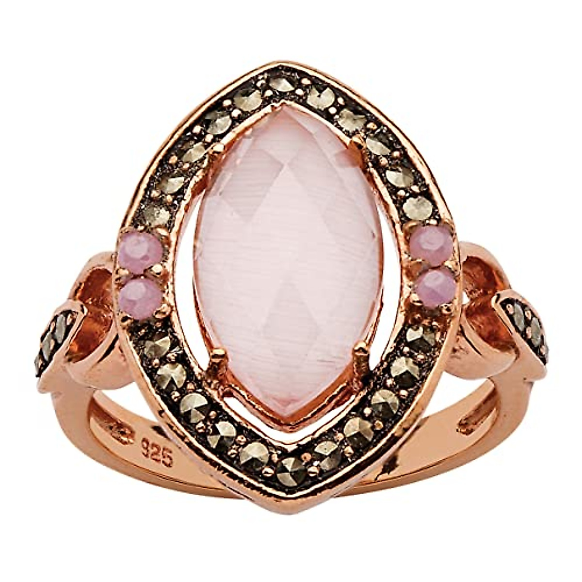 PalmBeach Rose Gold-plated Sterling Silver Marquise Shaped Simulated Pink Cat's Eye and Round Cubic Zirconia Marcasite Ring Size 10